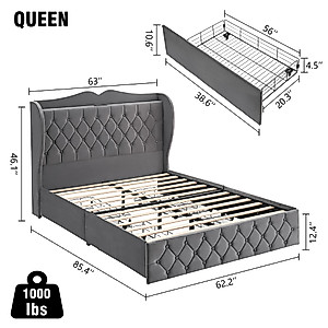 GAOMON Queen Size Bed Frame with 4 Storage Drawers and Charging Station, Velvet Upholstered Platform Bed with Tall Headboard and Storage Shelf, Wooden Slats Support, No Box Spring Needed, Light Grey