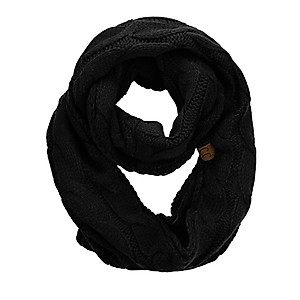 C.C Women's Winter Cable Knit Sherpa Lined Warm Infinity Pullover Scarf, Black