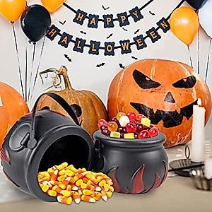 ChezMax Halloween Witch Cauldron, 2 Pack Plastic Candy Cauldron Flame Party Pots with Adjustable Holder, Black Spooky Halloween Bucket with Handle, Large Trick Or Treat Serving Bowls for Table Decor