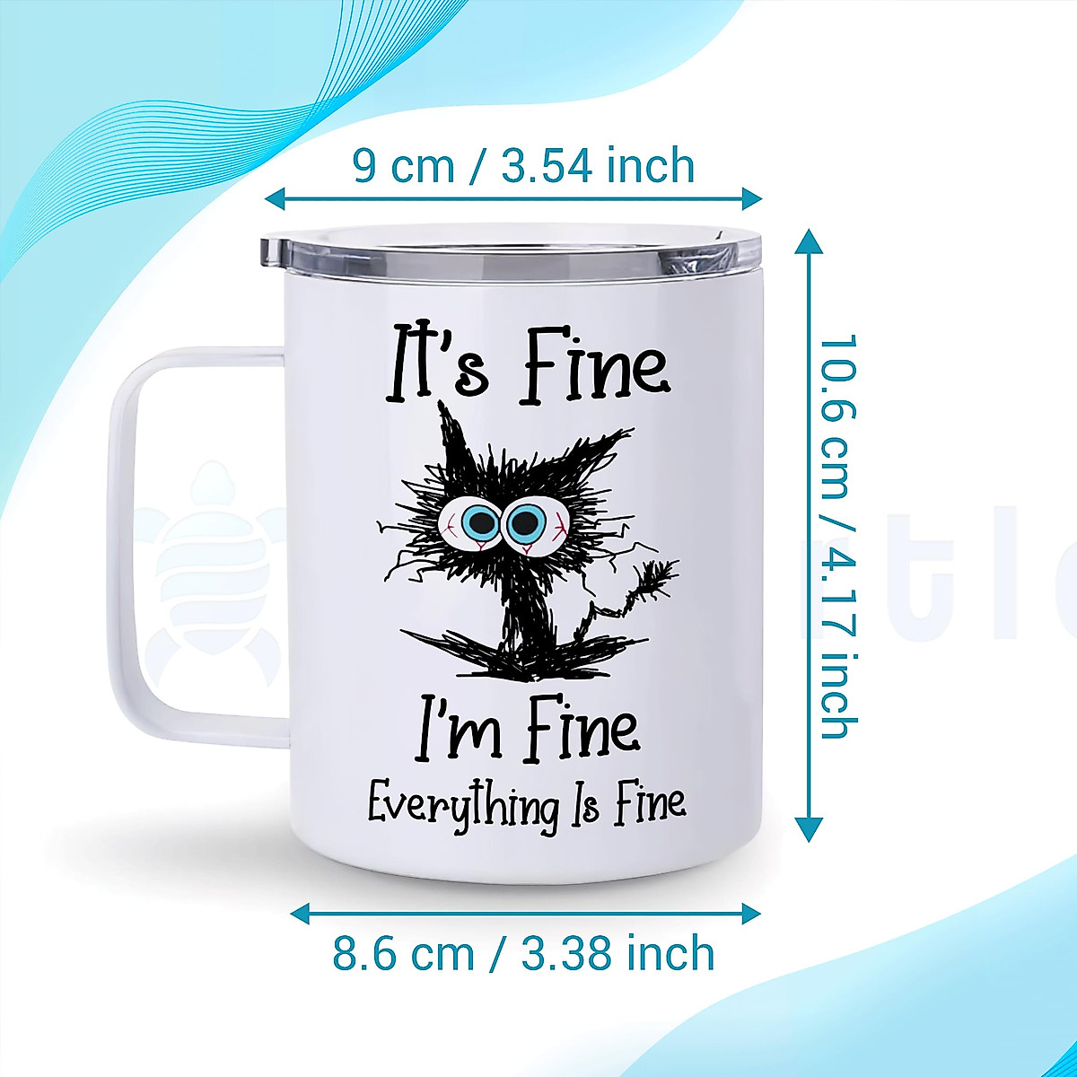 Hyturtle Funny Cat Gifts For Cat Lover, It's Fine I'm Fine Everything Is Fine Coffee Tumbler Cup Mug Stainless Steel 12oz, Cat Gifts For Women, Gift For Animal Lover On Birthday Christmas