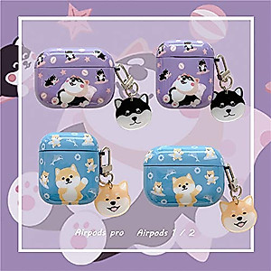 BONICI Protective Case Compatible with AirPods Pro, Cute Lovely Happy Yellow Shiba Inu Dog Puppy Theme Round Corners Soft IMD Cover Case Earbud Earphone Wireless Charging Blue Case +Dog Keychain