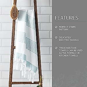 Elrene Home Fashions Boho Harper Stripe Knotted-Tassel Hand Towels, 16 Inches by 30 Inches, Set of 2, Cotton, Spa Blue