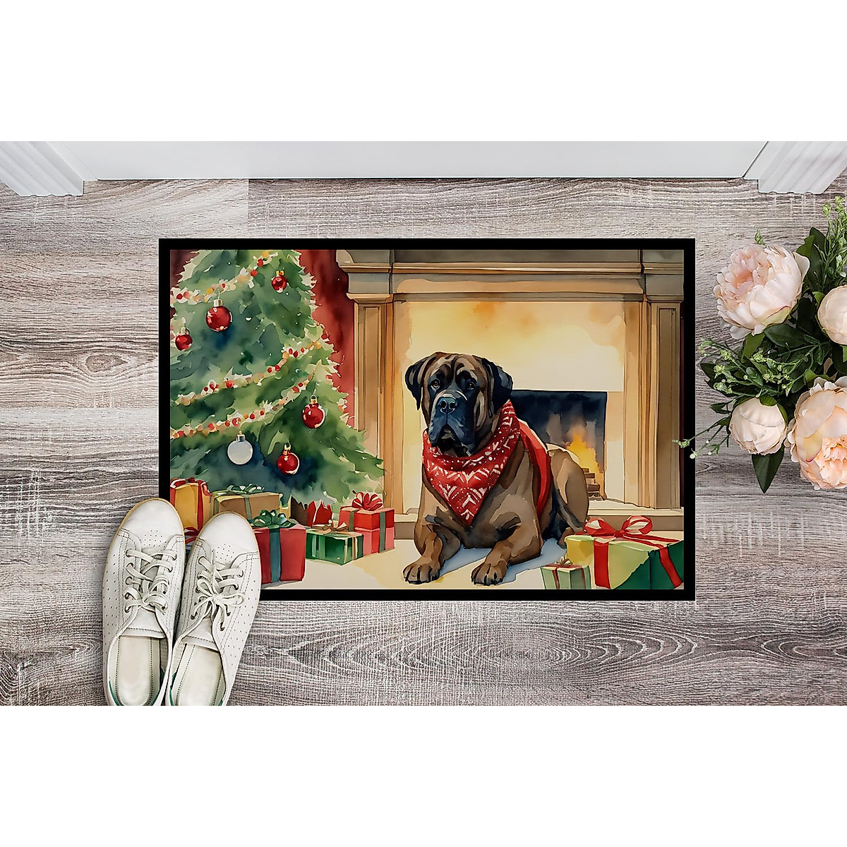 Caroline's Treasures DAC2625JMAT Bullmastiff Cozy Christmas Doormat Front Door Mat Indoor Outdoor Rugs for Entryway, Non Slip Washable Low Pile, 24H X 36W