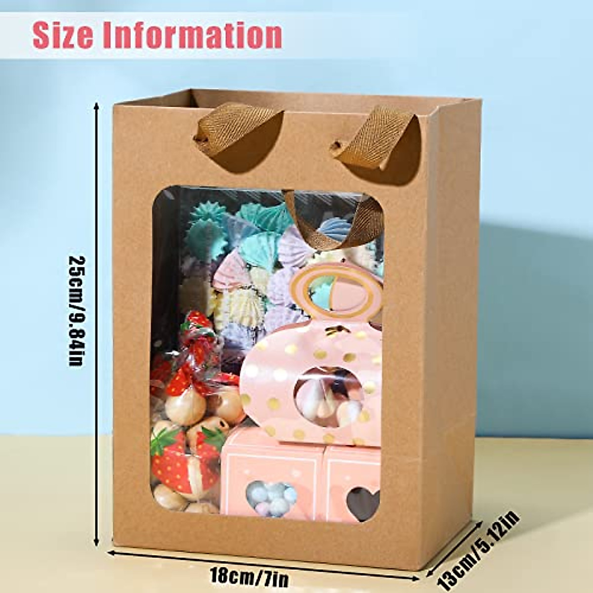 24 Pcs Brown Paper Gift Bags with Transparent Window Kraft Shopping Bags with Handles Clear Brown Gift Bags for Baby Shower Birthday Bridal Wedding Party Anniversary Florist Gift Packing, 7 x 5 Inch