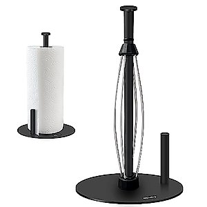WACETOG Black Paper Towel Holder Countertop, Paper Towel Dispenser Standing Weighted Base Non Slip, Kitchen Towel Holder with Ratchet System for One Hand Tear