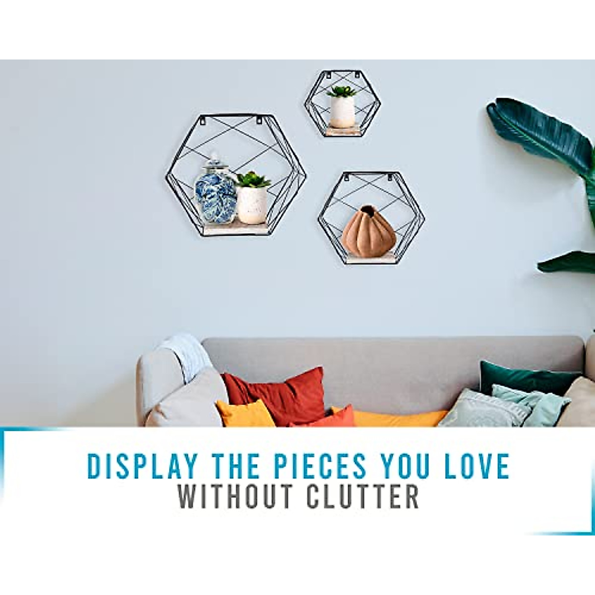 Comfify Industrial Wall Mounted Honeycomb Floating Shelves Set of 3 Decorative Hexagon Metal Wire Shelves – Large, Medium and Small - Modern Shelves for Home, Office and More - Rustic White