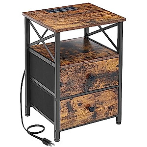 AMHANCIBLE End Table Living Room with Charging Station, Side Table with Fabric Drawer, Small Side Table with USB Ports and Outlets for Small Spaces Rustic Brown and Black HET05XBR1