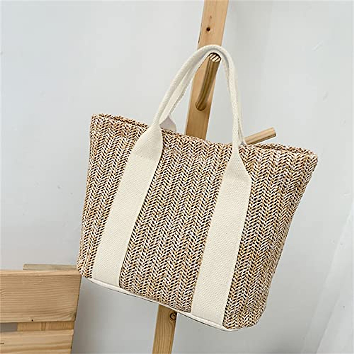 Mini Straw Tote Bag Natural Straw Woven Beach Bag Casual Shoulder Bags Handbag for Women Fashion Street Bags (Beige, One Size)