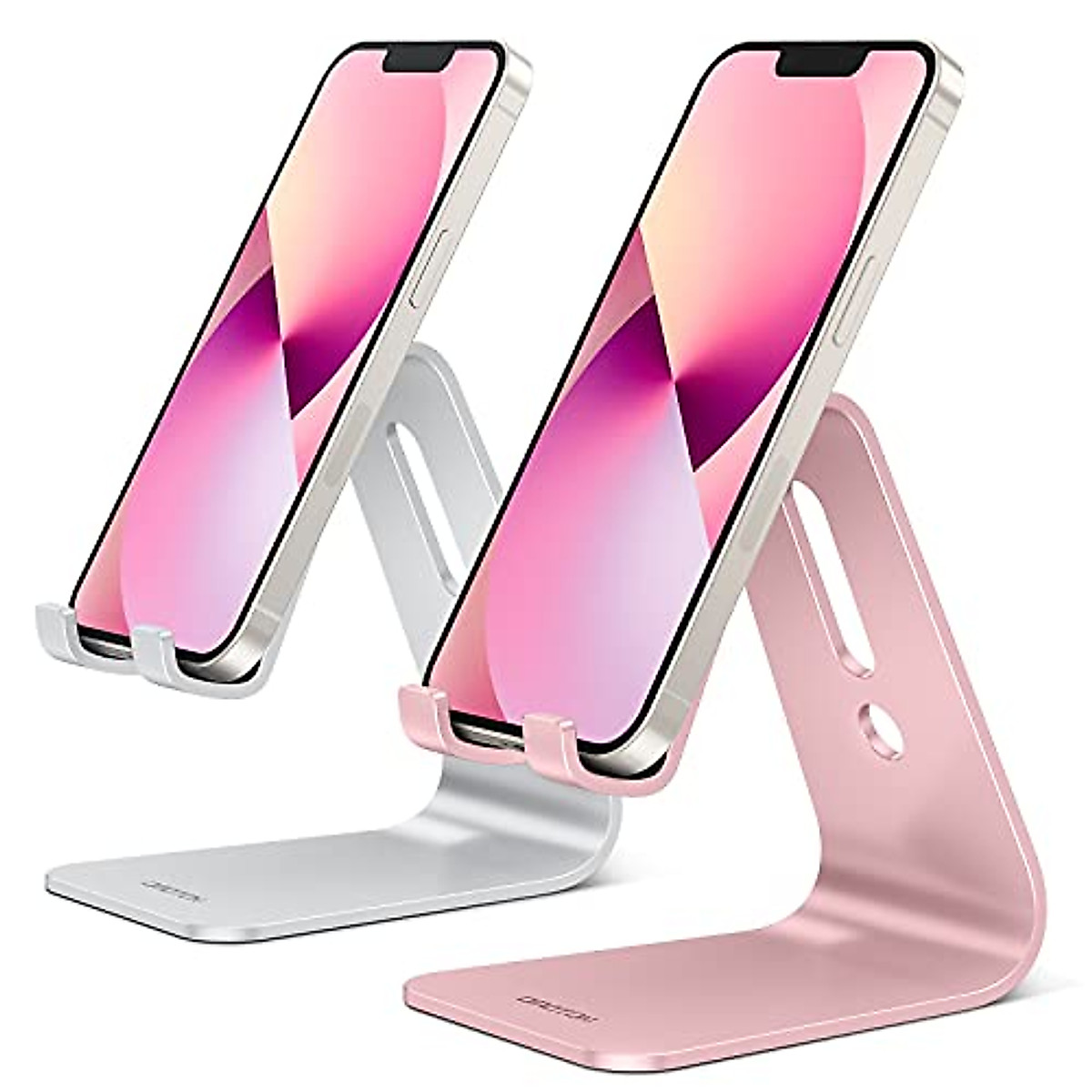 [2 Pack] OMOTON Cell Phone Stand, Aluminum Desktop Phone Holder Cradle Office Supplies Decor for 13 12 11 Pro Max, Mini XR XS SE, iPad Mini and Android Phones (Silver + Rose Gold)