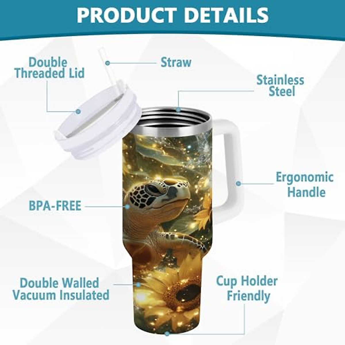 Slewiaeky Tumbler with Handle 40 oz Skinny Turtle Ocean Travel Mug with Lid and Straw Sunflower Stainless Steel Vacuum Insulated Water Bottle Cup for Iced Tea Coffee Cold Beverages Cup Holder Friendl