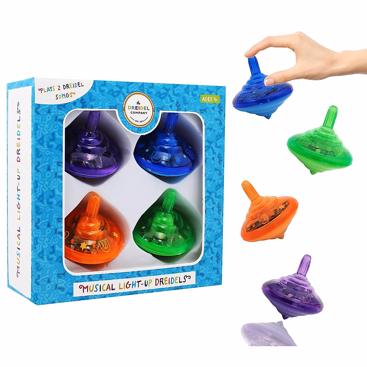 The Dreidel Company Hanukkah Musical Light-Up Dreidel Spinning Tops Set, Plays 2 Classic Hanukkah Songs, Assorted Colors (4-Pack)