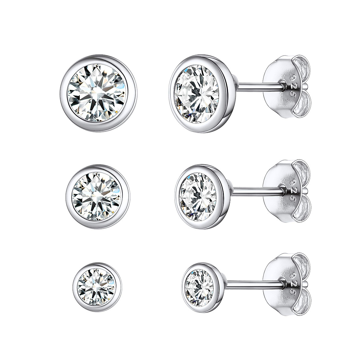 ChicSilver Sterling Silver Stud Earrings for Women Men- 3 Pairs Hypoallergenic Tiny Simulated Diamond Round Cubic Zirconia Ear Stud Set for Sensitive Ears