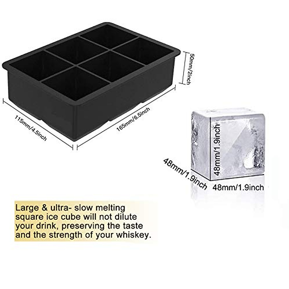 Ice Cube Trays Large Size Flexible 6 Cavity Ice Cube Square Molds for Whiskey and Cocktails, Keep Drinks Chilled (2 Pcs)