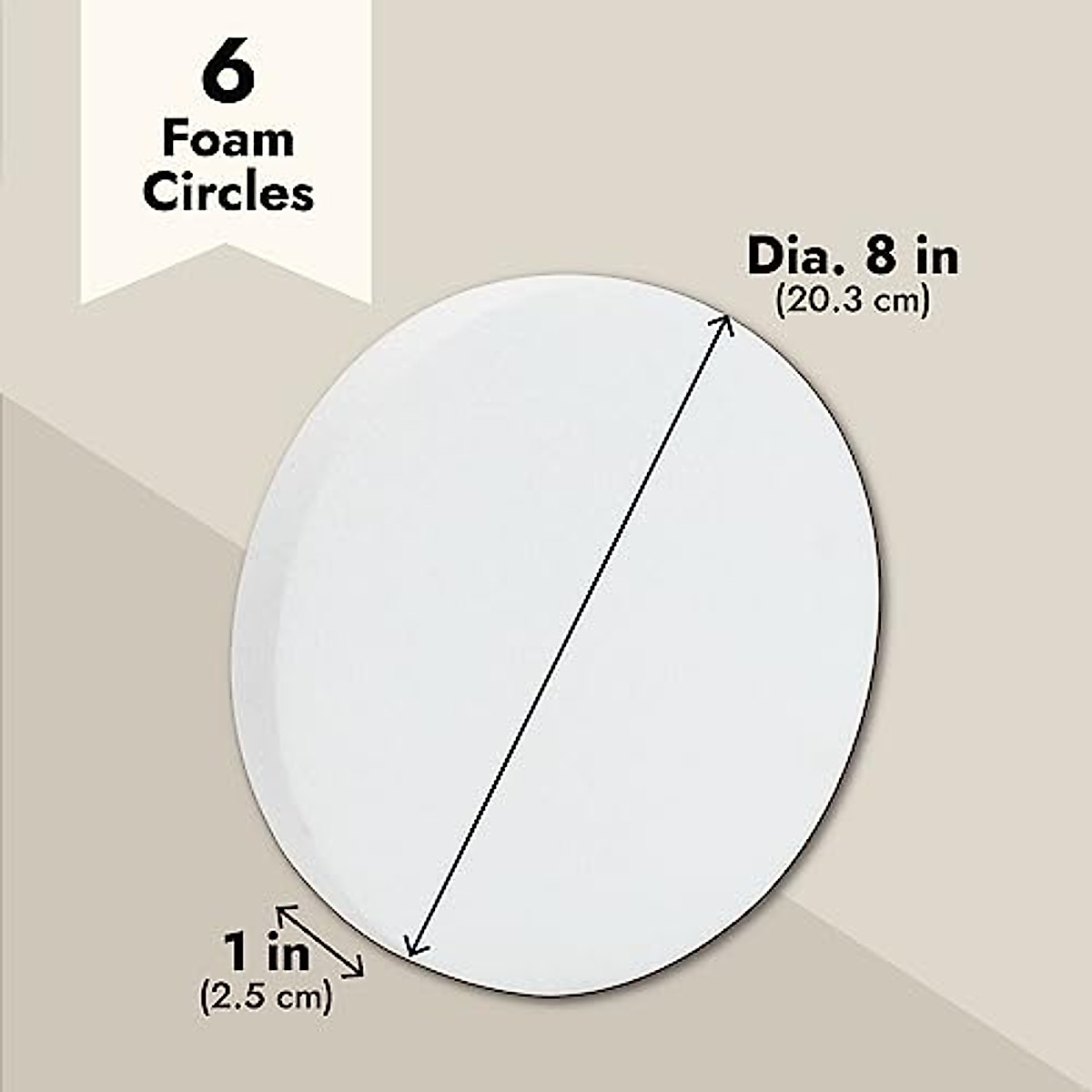 8x8 Inch Round Foam Circles for Crafts and DIY Projects, 1 Inch Thick (White, 6 Pack)