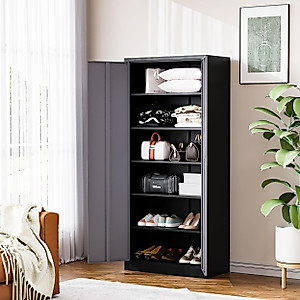 BYNSOE Garage Storage Cabinet with 5 Adjustable Shelves Metal Storage Cabinets with Locking Door, Steel Classic Storage Cabinet for Home, School, Office, Garage (Black Gray-Style 1)