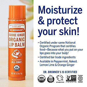 Dr. Bronner's - Organic Lip Balm Variety Peppermint, Orange Ginger, Naked, Lemon Lime) - Made with Organic Beeswax and Avocado Oil, For Dry Lips, Hands, Chin or Cheeks, 0.15 Ounce (Pack of 4)