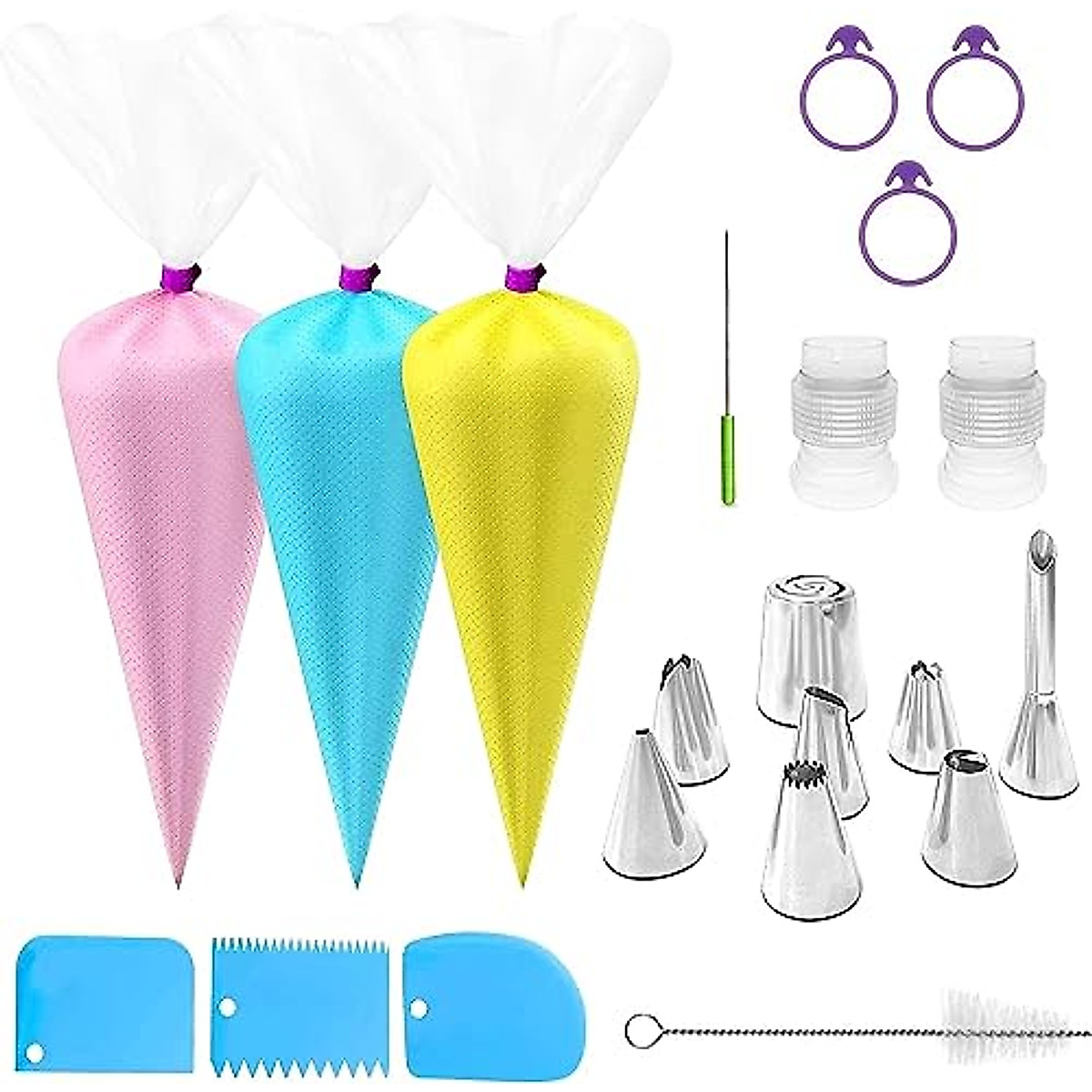 119 Pieces Disposable Piping Bags and Tips Set 12 Inches - 100 Anti Burst Pastry Bags with 8 Nozzle Tips, 3 Bag Ties and 3 Cake Scrapers, icing piping kit, for Frosting and Cookie decorating & more