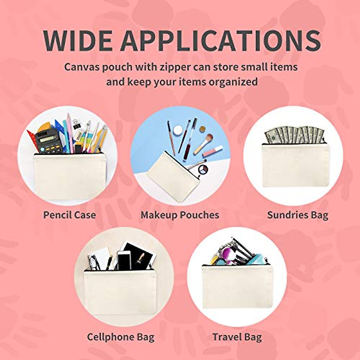 12 pack canvas pencil bag, blank plastic bag, DIY crafts, cotton cosmetic bag, multi-purpose travel cosmetic bag, black zipper in bulk 8 x 5 inches