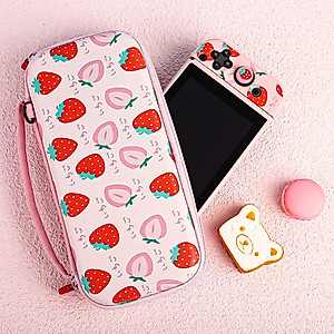 FANPL Pink Carry Case Bundle for Nintendo Switch, Cute Case Accessories Set for Switch with Hard Travel Case, Soft TPU cover, Adjustable Strap, Screen Protector, Thumb Grip Caps (Cute Pink Strawberry)