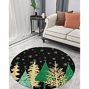 Christmas Black Fluffy Round Area Rug Carpets 3ft, Plush Shaggy Carpet Soft Circular Rugs, Non-Slip Fuzzy Accent Floor Mat for Living Room Bedroom Nursery Home Decor Xmas Tree Geometric Green Gold