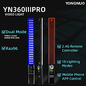 YONGNUO YN360III PRO YN360 III PRO LED Video Stick Ice Light, 2.4G Remote Control Touch, RGB Full Color CRI 95+ App Support, 5600K Color Temperature