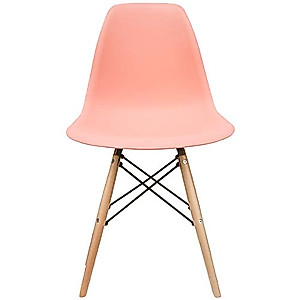 2xhome - Pink - DSW Molded Plastic Shell Bedroom Dining Side Ray Chair with Brown Wood Eiffel Dowel-Legs Base Nature Legs