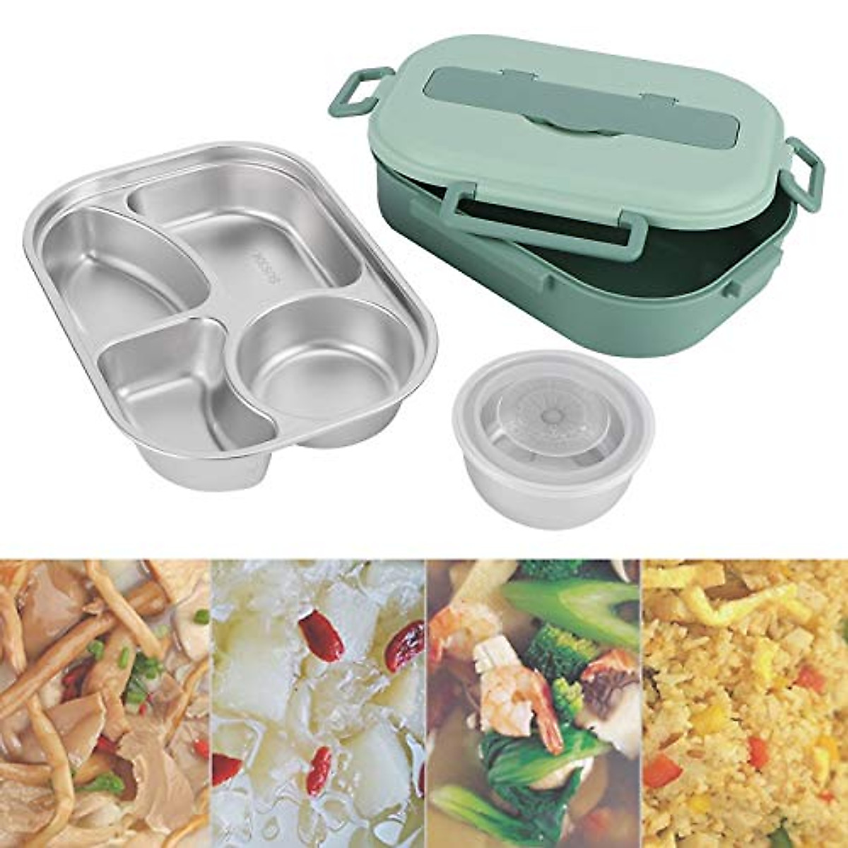 Raviga Stainless Steel Lunch Box 4 Compartments Portable Bento Box for Kids Student or Adult Food Storage Containers with Lids Airtight Soup Bowl & Tableware Large Capacity 50-oz(Green)
