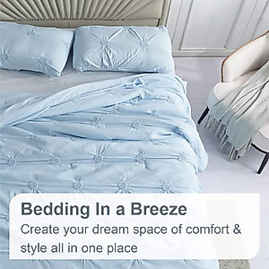 Swift Home Bedding Comforter Sets, Luxury and Lightweight 3-Piece Ruched 3D Floral Pintuck Comforter Sets, Machine Washable - Baby Blue, Full/Queen