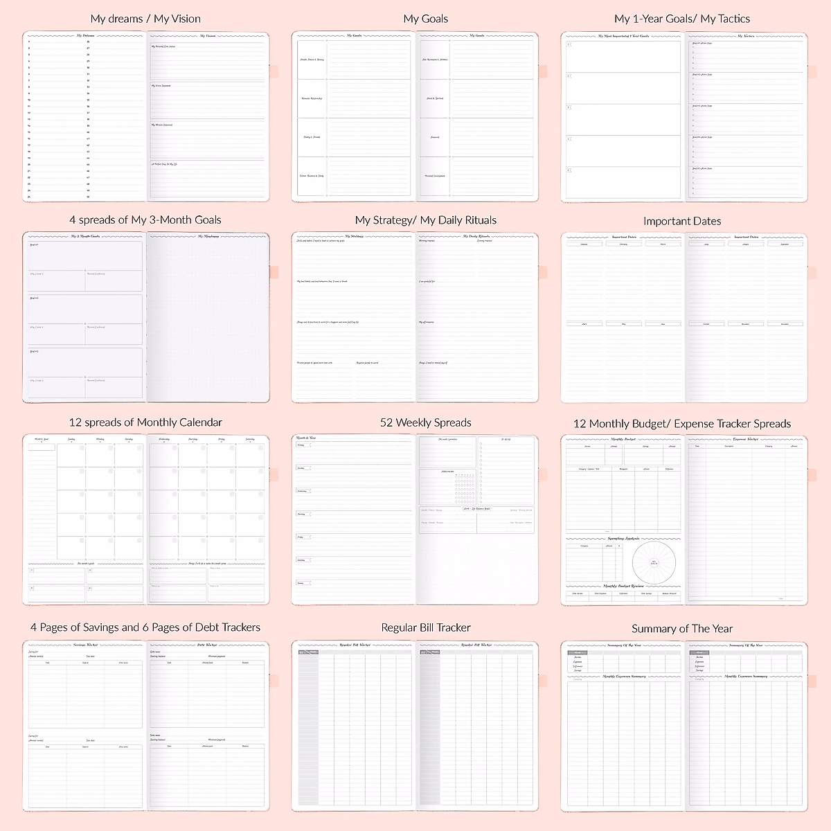 GoGirl Planner PRO - Undated Horizontal Layout Weekly Planner and Organizer + Budgeting and Expense Tracking Pages, Goals Journal & Agenda, 7" x 10" Hardcover, Lasts 1 Year - Peach Pink