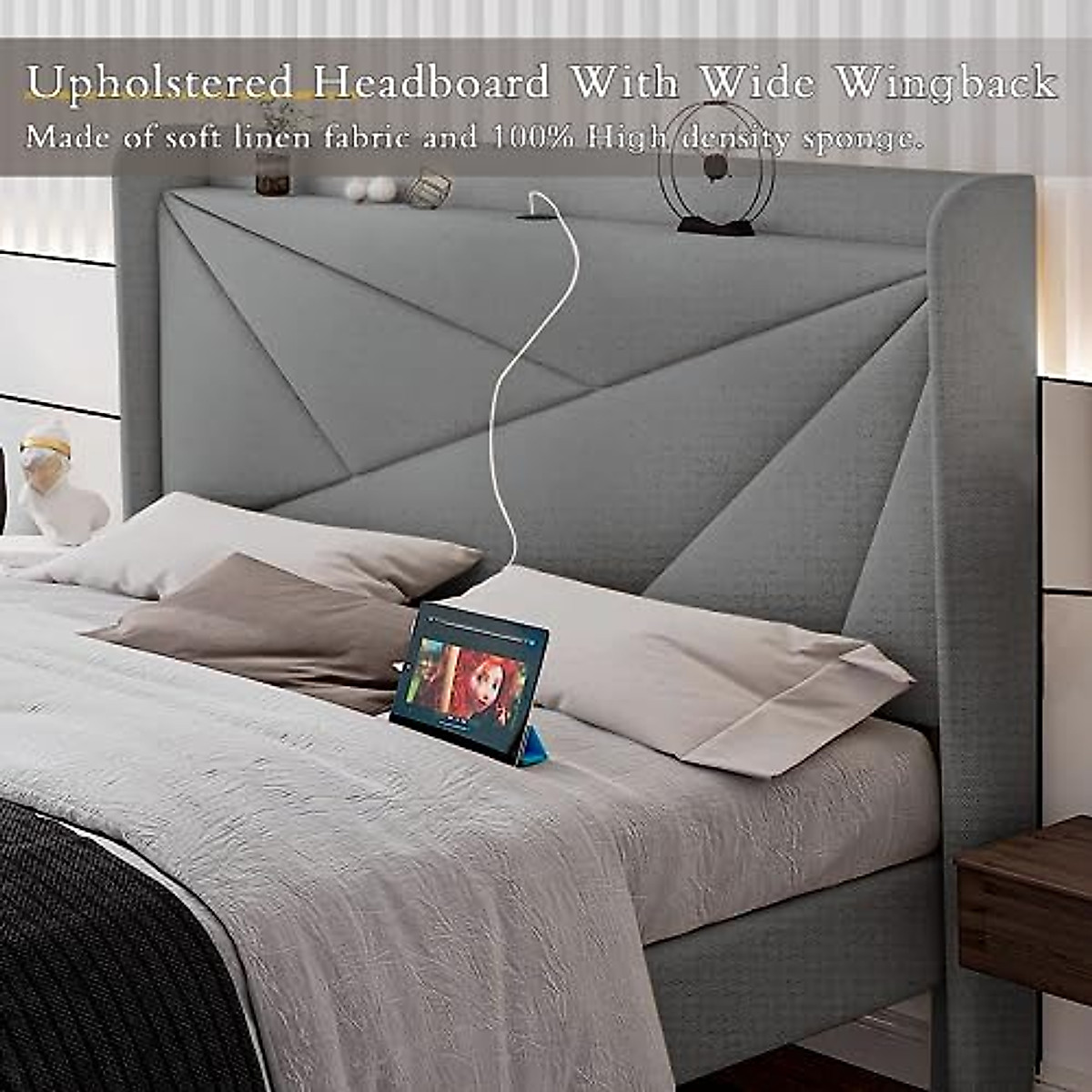 LEMBERI Queen Size Bed Frame with Storage Headboard,Upholstered Platform Bed Frame with Charging Station,Heavy Duty Mattress Foundation with Wooden Slats,No Box Spring Needed, Noise-Free