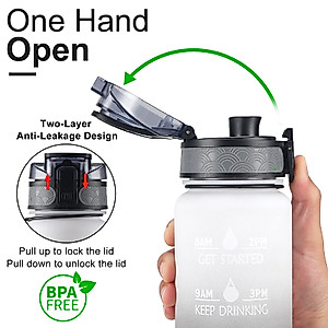 Kanglesdip 32 oz Large Water Bottle with Motivational Time Marker & Removable Strainer,Fast Flow BPA Free for Fitness, Gym and Outdoor Sports(White/Black)