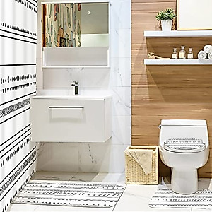 Rtteri 4 Pcs Boho Shower Curtain Sets with Rugs, 72 x 72 Inch Fabric Bathroom Curtains Set with Hooks Water Absorbent Bath Rugs Toilet Lid Cover Black White Chic Triangle and Geometric Bathroom Decor