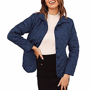 GRACE KARIN Lightweight Quilted Jacket for Women Casual Winter Lapel Coats Long Sleeve Button Down Outwear with Pockets Navy Blue XXL