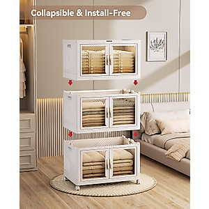 Voova 48QT Storage Bins with Lids,Stackable Collapsible Closet Organizers and Storage Cabinet with Drawer,Folding Plastic Craft Storage Containers Box with Door&Wheels for Home,Office,Dorm Room,3 Pack