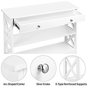 Yaheetech 3-Tier Entryway Table White Console Table with Drawer and 2 Storage Shelves, Wood Narrow Sofa Table for Entryway/Hallway/Living Room, 39.5in L x 12in W x 31.5in H