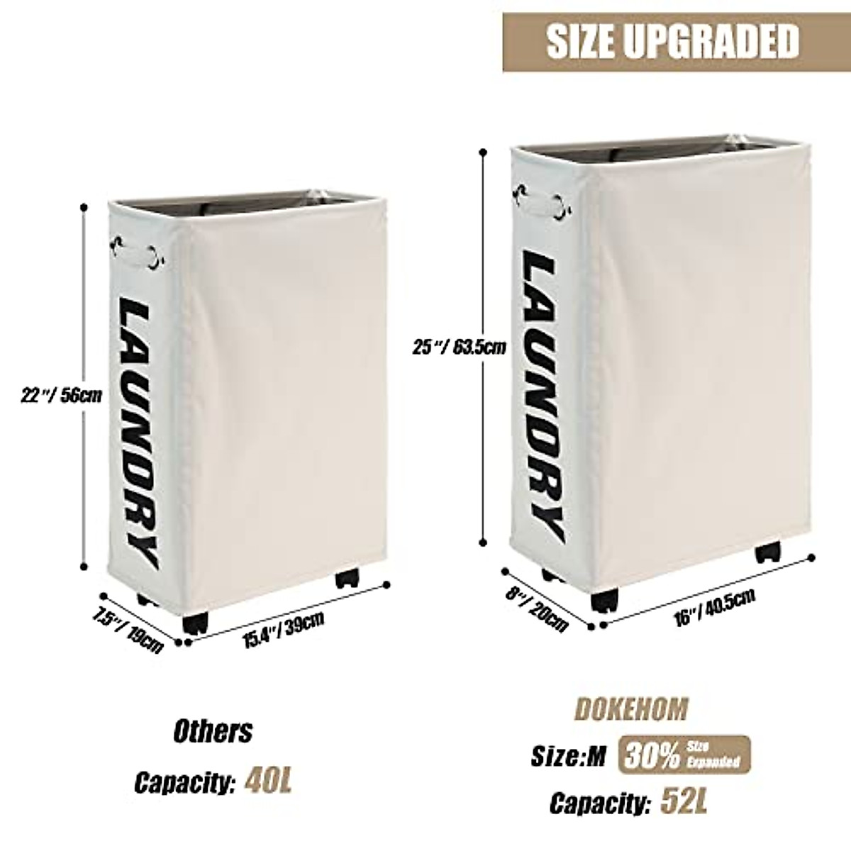 DOKEHOM 25-Inches Slim Laundry Basket on Wheels, Collapsible Rolling Laundry Hamper, Foldable Narrow Corner Clothes Storage Bins (Beige)