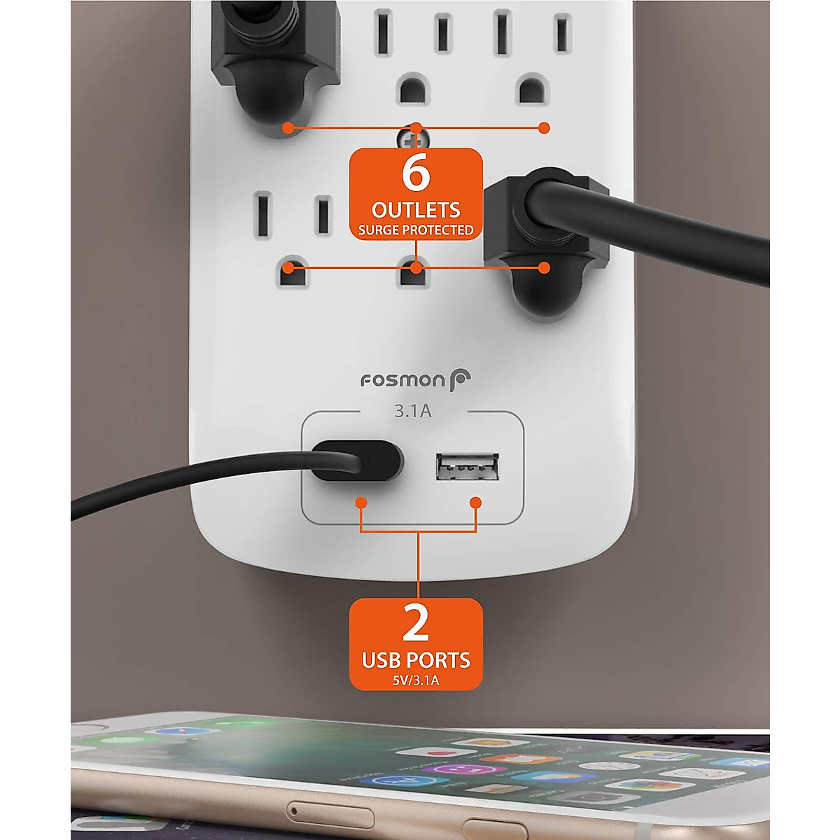 Fosmon 6 Outlet Surge Protector 1200 Joules with 2 USB Ports Charger (3.1A), Multi Plug Outlet Extender 1875 Watt, 3-Prong Grounded Wall Tap Adapter