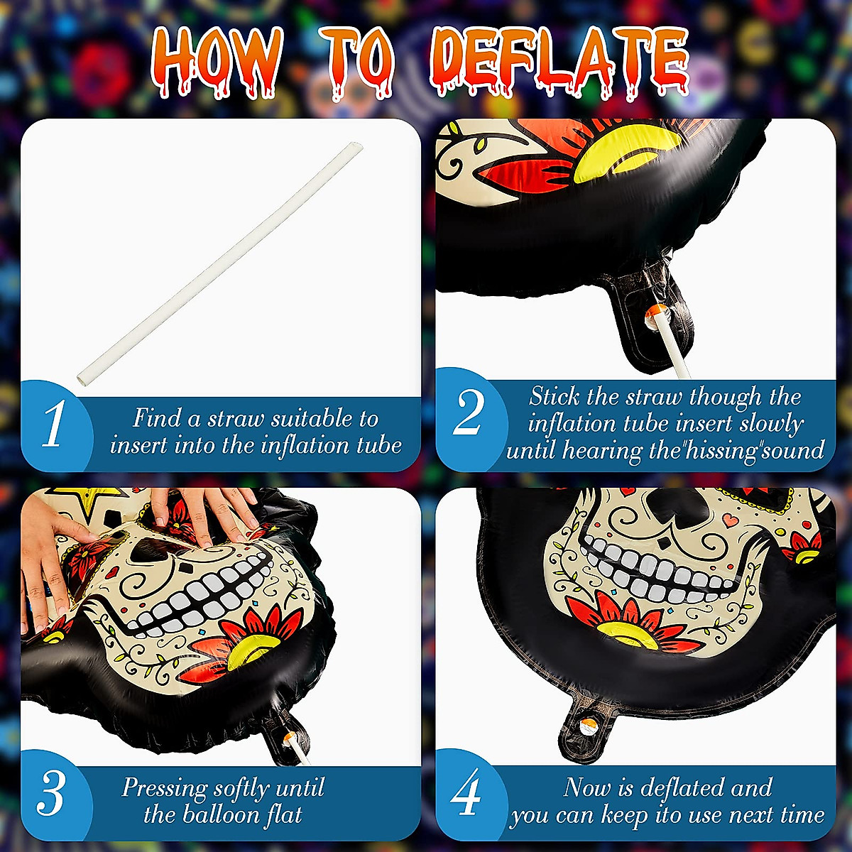 Zomiboo 6 Pieces Day of The Dead Sugar Skull Party Balloons Halloween Skull Balloons Halloween Decoration Balloons for Halloween Sugar Skull Party Decoration, 6 Styles