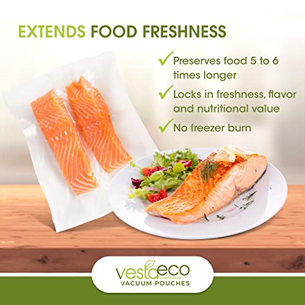 VestaEco Compostable Vacuum Seal Bags | Extend Freshness | Embossed | Certified Compostable | Reduce Waste | 11 x 16 Inches | 50 Vacuum Bags per Box