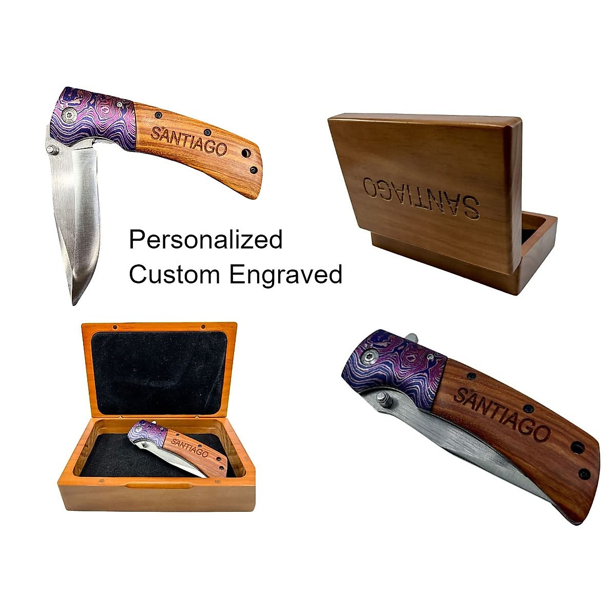Gifts for Men - Custom Engraved Pocket Knife - Fishing Camping Hunting Personalized Gift Sturdy Wooden Handle & Sharp Thick Blade, Perfect for Dad Boyfriend Groomsmen Husband Son Father's Day Anniversary Birthday Valentines & More (Knife Engraved)