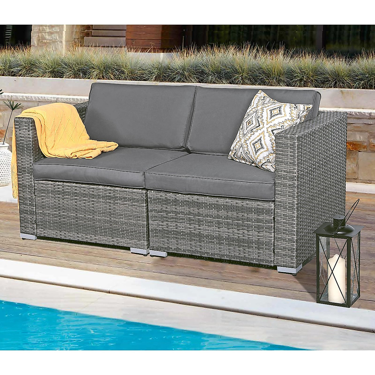 Patiorama Outdoor Wicker Loveseat 2 Pieces, All Weather Grey PE Rattan Sectional Corner Sofa Set, Additional Extra Chairs for Outdoor Sectional Sofa Set, Dark Grey Cushion