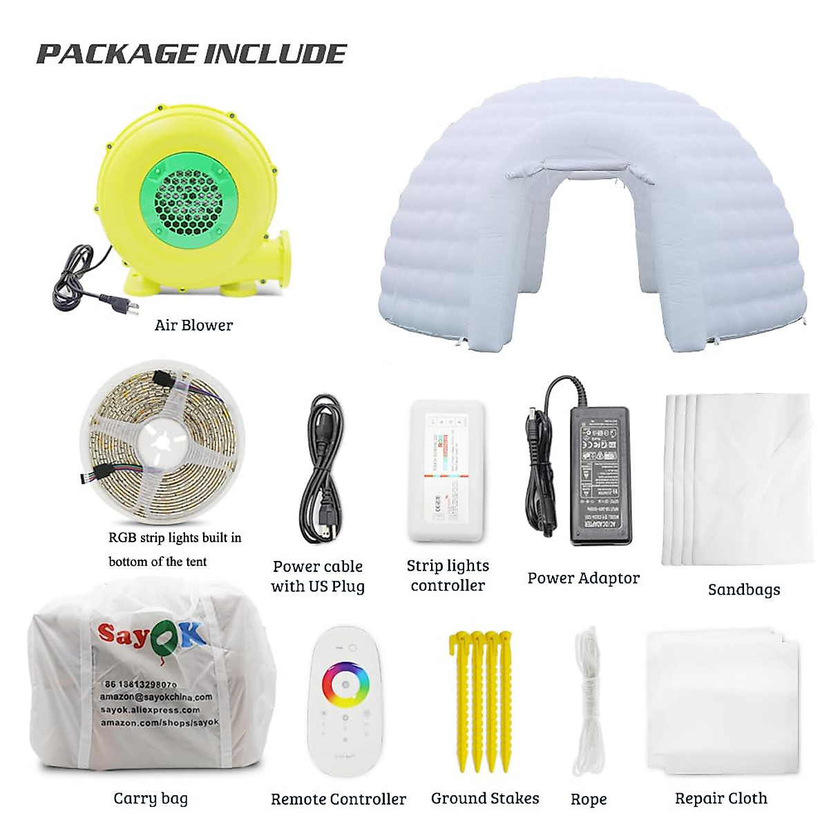 SAYOK Portable Inflatable Igloo Dome Tent with Air Blower(White, Two Doors, 16.4ft) Inflatable Event Tent Structure Night Club Party Tent Event Room for Wedding Promotion Trade Show