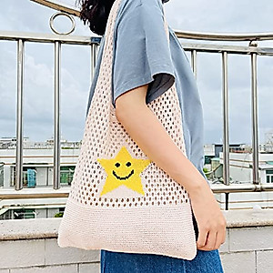 Women Y2K Hobo Bag Trendy Star Pattern Knitted Shoulder Bags Hollow Out Tote Bag Aesthetic Casual Beach Bag (Apricot)