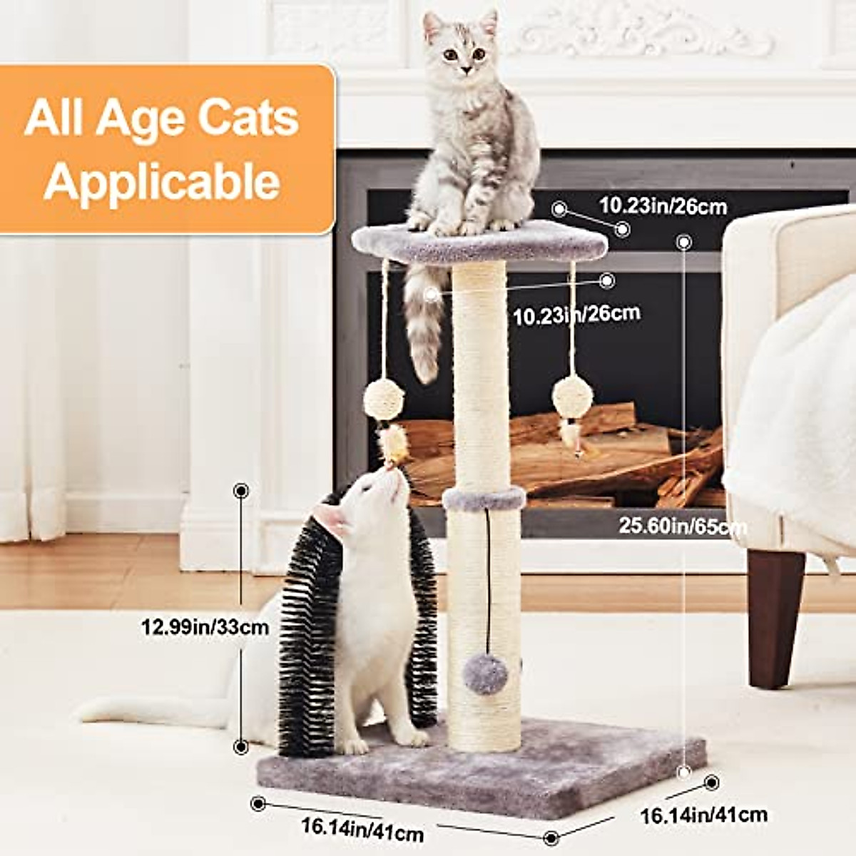 OYSMY Cat Scratching Post with Self Groomer and Top Platform - Durable Sisal Cat Scratcher Stable Cat Scratch Post with Dangling Balls, Verstile Cat Scratching Poles for Indoor Cats (Grey)