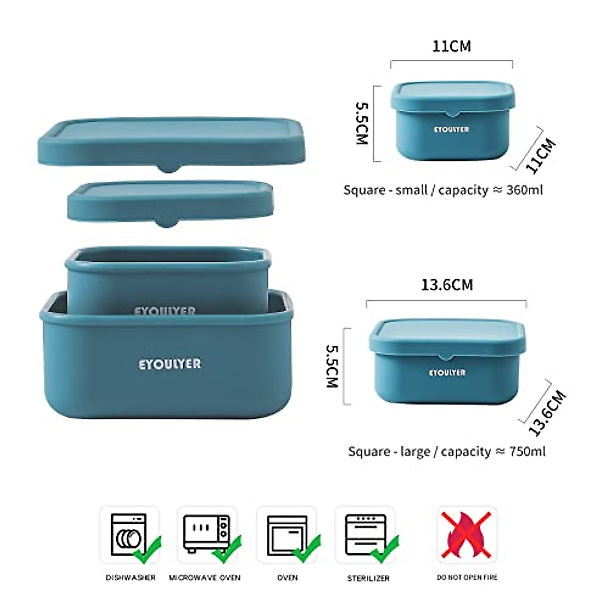 Eyoulyer Silicone Bento Box with Lid Food Storage Durable Bowl Mixing Serving Eating Non-Slip Easy Grip Indoor Outdoor Travel To-Go Food Containers Set2 Canister (GREEN-SQUARE)