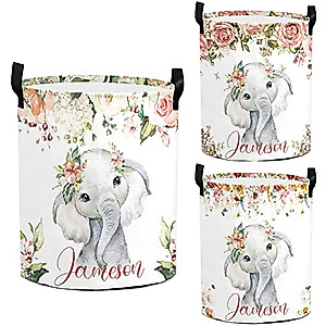 Personalized Laundry Basket for Boys Girls with Name Flowers Custom Baby Laundry Hamper with Handle Collapsible Clothes Storage Bathroom Living Room Bedroom Decor (Baby Elephant)