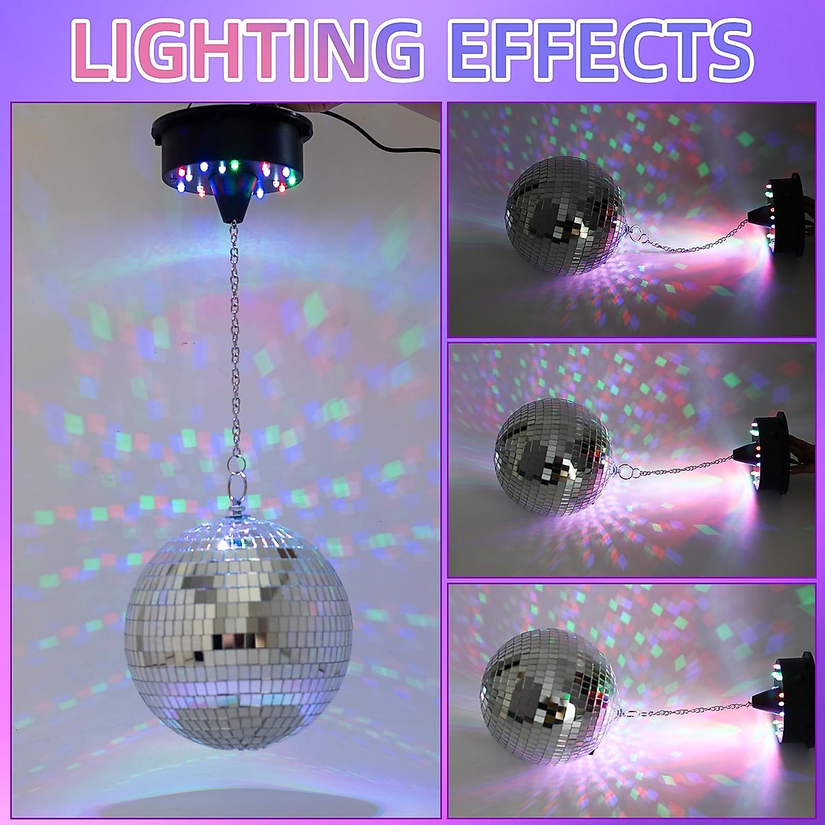 DJBoomy Rotating Disco Ball Motor Light with Remote: 3-Speed Adjustable Mirror Ball Spinner Plug in or Battery Operated - 18RGBW Led Light Up 4 6 8 12 inch Party Disco Balls Rotator