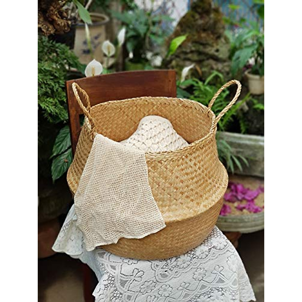 Chinoxinh Seagrass Woven Belly Basket with Handles - Multipurpose Handmade Wicker Rural Storage for Plant, Pot Decor, Laundry, Clothes, Blanket, Grocery and Outdoor Picnic (Original XXX-Large 14x16in)
