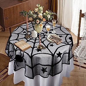 Halloween Tablecloth Round Black Lace Spiderweb Tablecloth 40 Inch Halloween Lace Table Topper Table Runner Halloween Table Cloth Spider Cobweb Table Cover Halloween Table Decorations Fireplace Cover