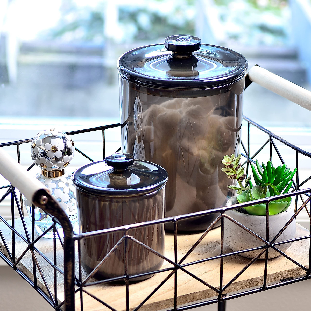 Youngever Black Plastic Apothecary Jars, Qtip Holder, Cotton Swab Holder, Bathroom Vanity Organizer for Cotton Balls, Cotton Pads, Qtips (1 Set 15 Ounce & 1 Set 60 Ounce)